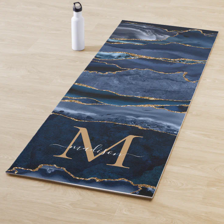 Modern Navy Blue Gold Glitter Agate Geode Monogram Yoga Mat | Zazzle