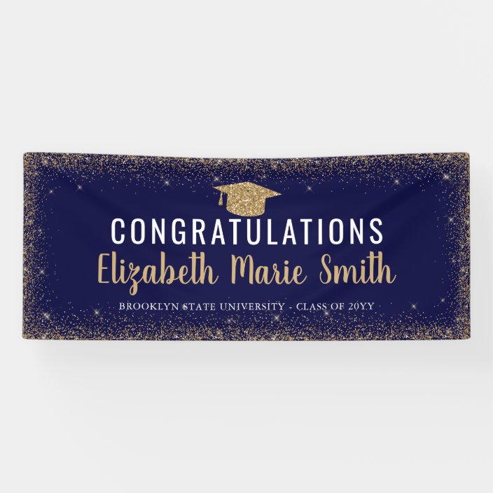 Modern Navy Blue Gold Glitter Grad Cap Graduation Banner | Zazzle.com
