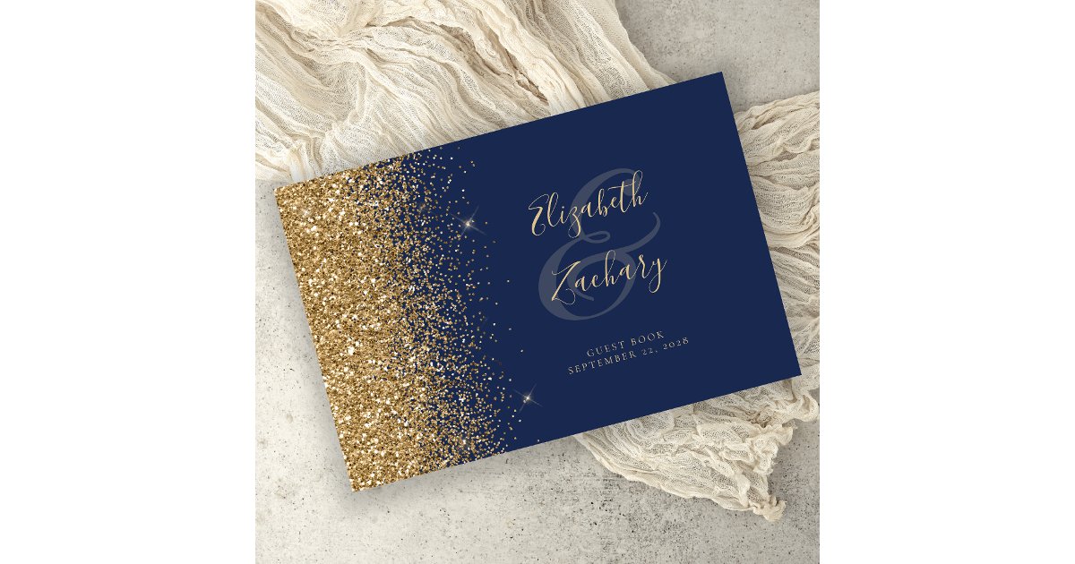Modern Navy Blue Gold Glitter Script Guest Book | Zazzle