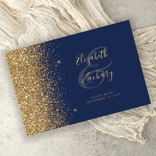 Modern Navy Blue Gold Glitter Script Guest Book | Zazzle