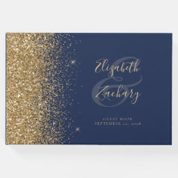Modern Navy Blue Gold Glitter Script Guest Book | Zazzle