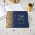 Modern Navy Blue Gold Glitter Script Guest Book | Zazzle