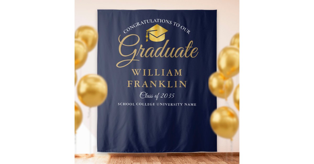 Modern Navy Blue Gold Graduation Photo Backdrop | Zazzle