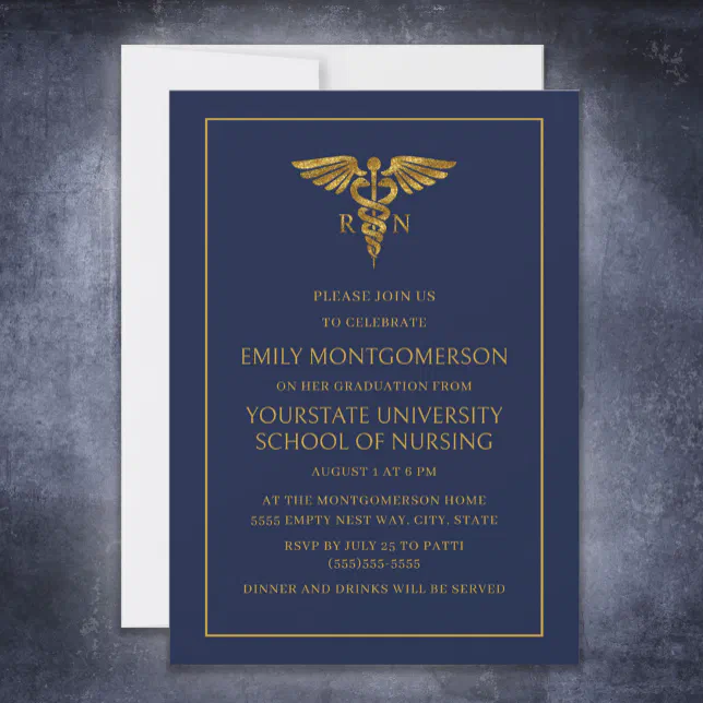 Modern Navy Blue Gold Nursing School RN Graduate Invitation | Zazzle