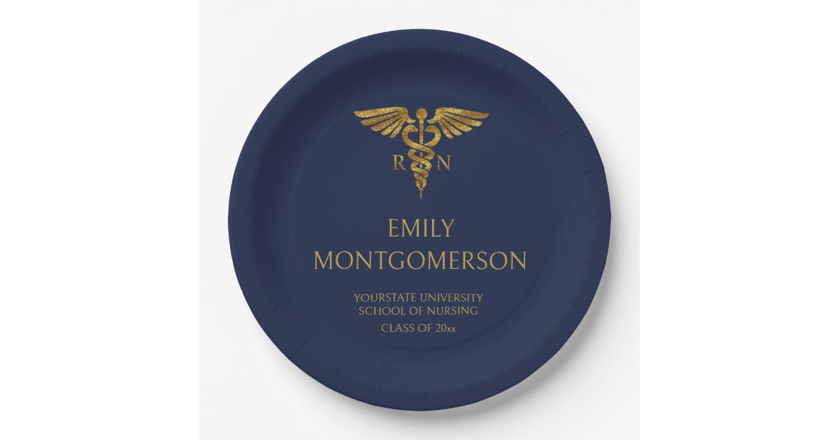 Modern Navy Blue Gold Nursing School RN Graduation Paper Plates | Zazzle