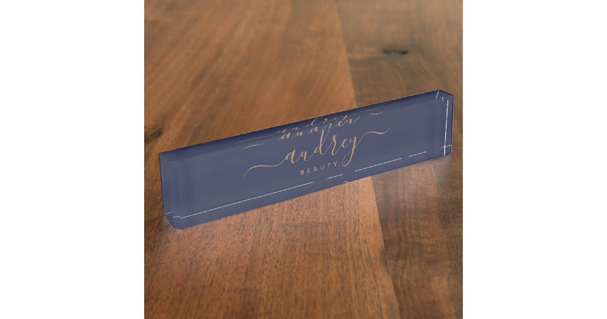 modern navy blue gold Signature Monogrammed Desk Name Plate | Zazzle
