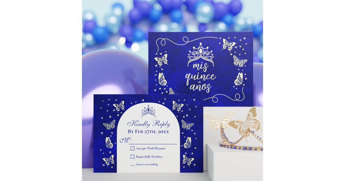 Modern Navy Blue Gold Tiara Butterfly Quinceañera RSVP Card | Zazzle