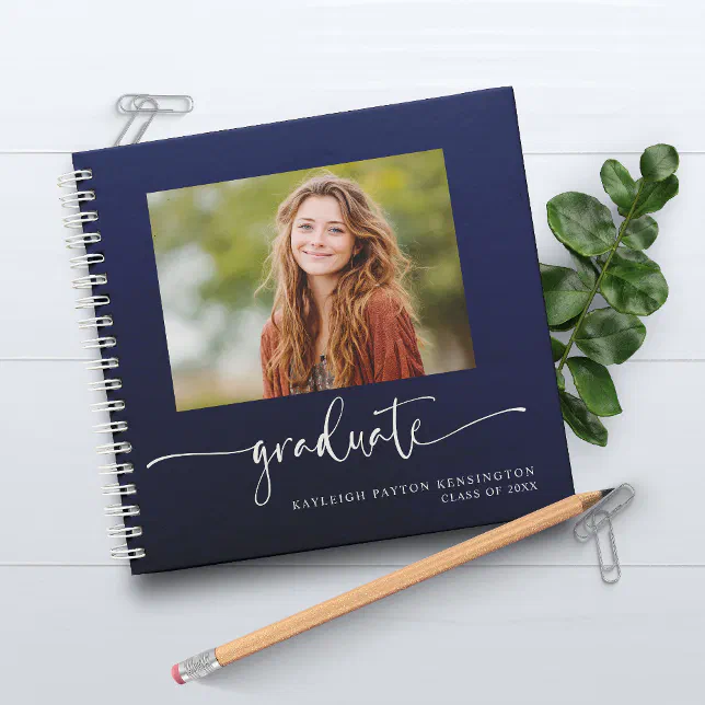Modern Navy Blue Graduation Guest Book with Photo | Zazzle