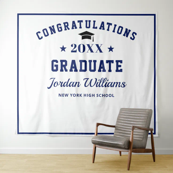 Modern Navy Blue Graduation Party Photo Backdrop | Zazzle