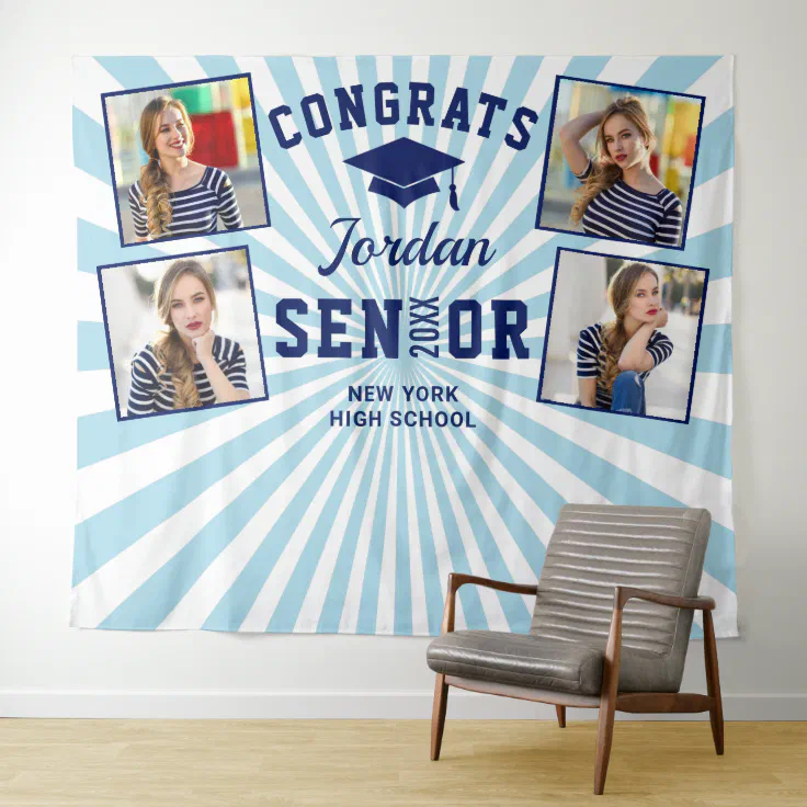 Modern Navy Blue Graduation Photo Booth Backdrop | Zazzle