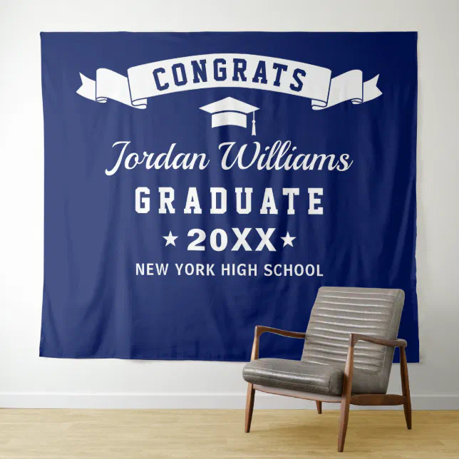 Modern Navy Blue Graduation Photo Booth Backdrop | Zazzle