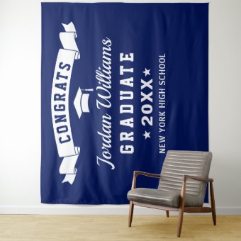 Modern Navy Blue Graduation Photo Booth Backdrop | Zazzle