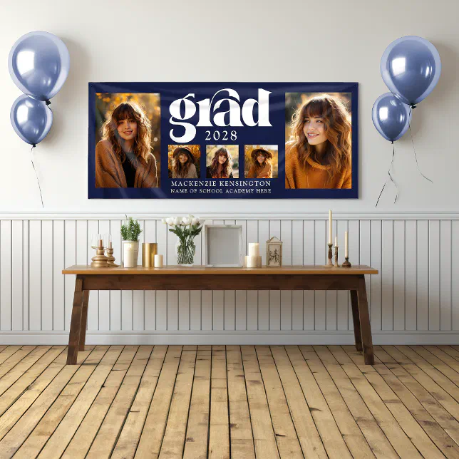 Modern Navy Blue Graduation Photo Collage Banner | Zazzle