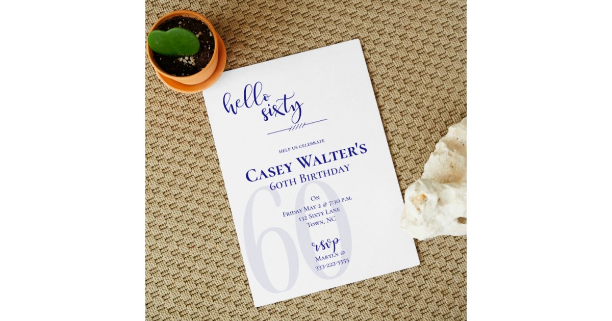 Modern Navy Blue Hello Sixty Birthday Invitations | Zazzle