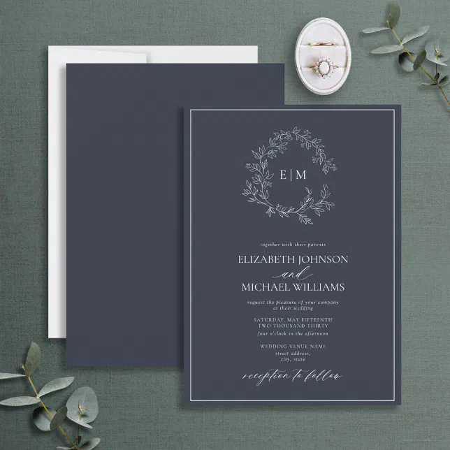 Modern Navy Blue Leafy Crest Monogram Wedding Invitation | Zazzle