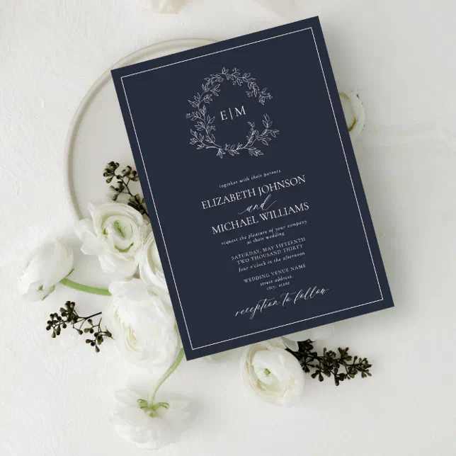 Modern Navy Blue Leafy Crest Monogram Wedding Invitation | Zazzle