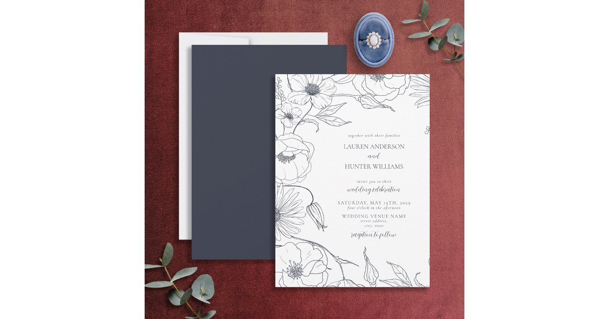 Modern Navy Blue Line Art Floral Wedding Invitation | Zazzle