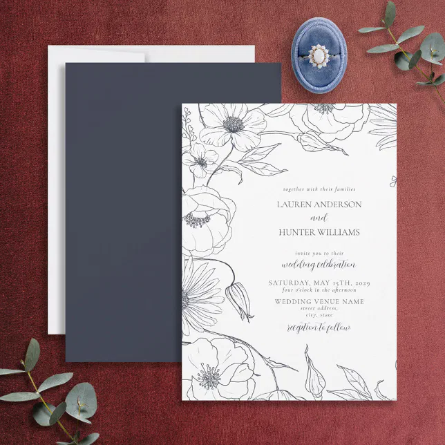 Modern Navy Blue Line Art Floral Wedding Invitation | Zazzle