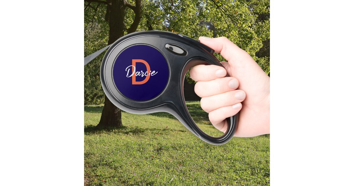 Modern Navy Blue Monogrammed Dog Name Retractable Pet Leash | Zazzle