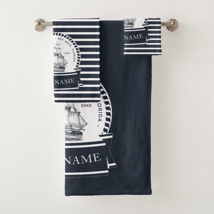 Modern Navy Blue Nautical Personalized Boat Bath Towel Set | Zazzle