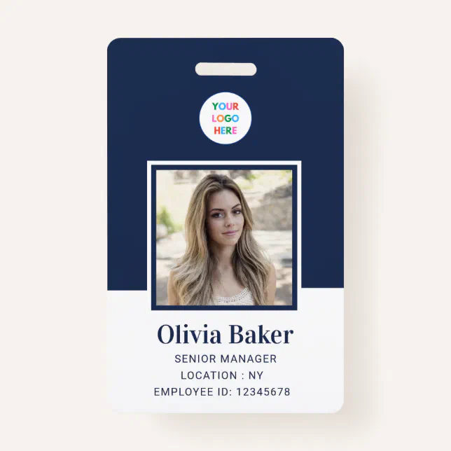 Modern Navy Blue Photo Barcode Business Logo Name Badge | Zazzle