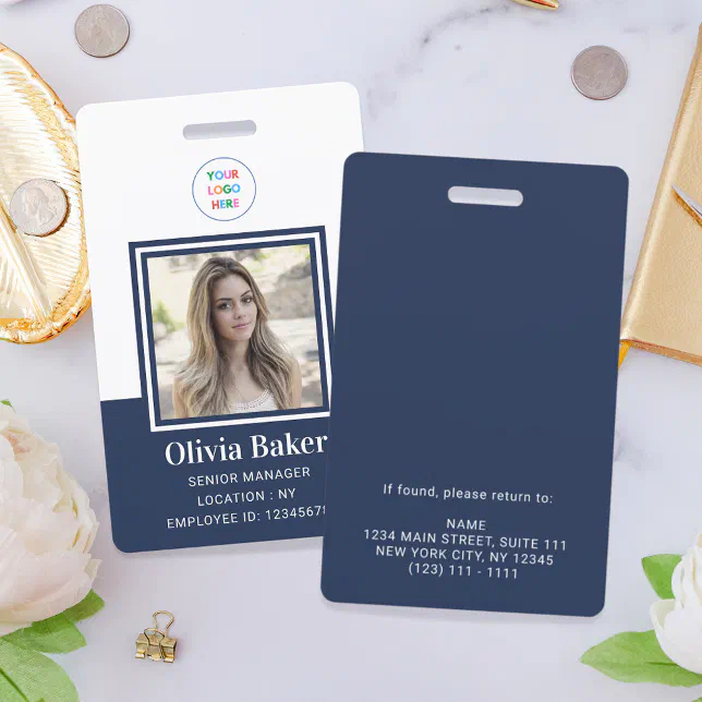 Modern Navy Blue Photo ID Business Logo Employee Badge | Zazzle