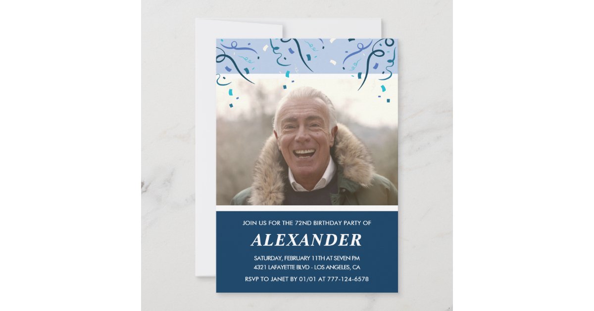 Modern Navy Blue Photo Man 72nd birthday Invitation | Zazzle