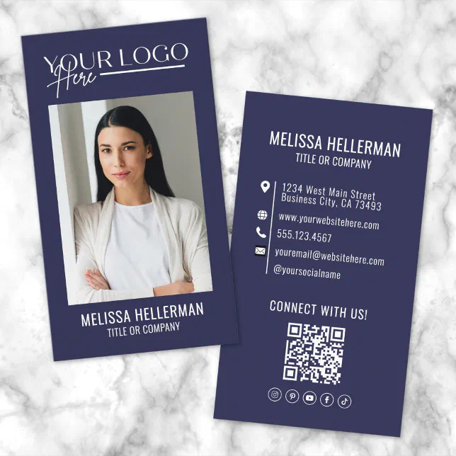 Modern Navy Blue Professional QR Code Photo Logo Business Card | Zazzle