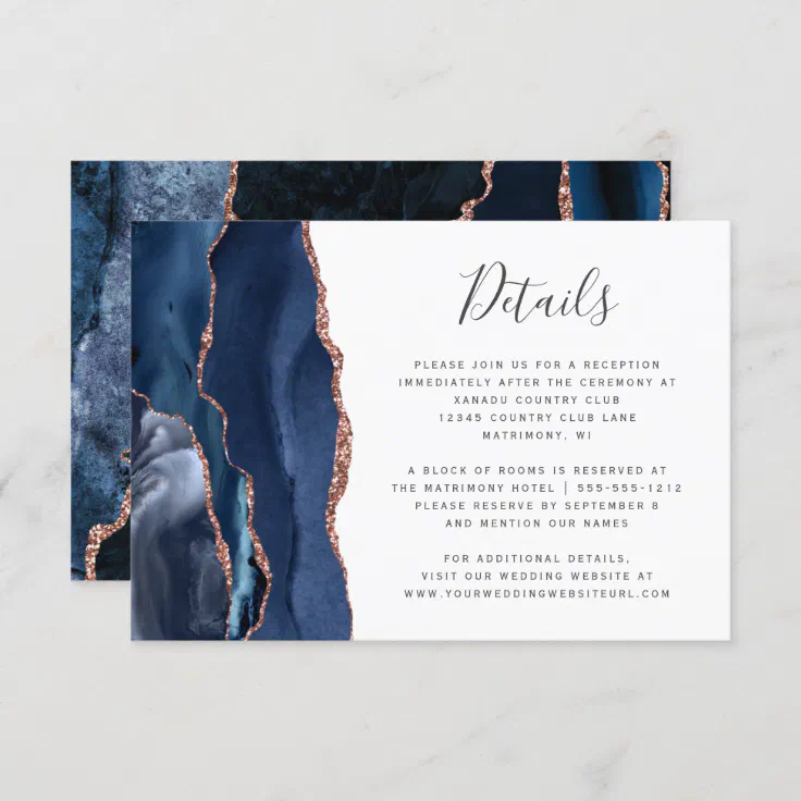Modern Navy Blue Rose Gold Agate Wedding Details Enclosure Card | Zazzle