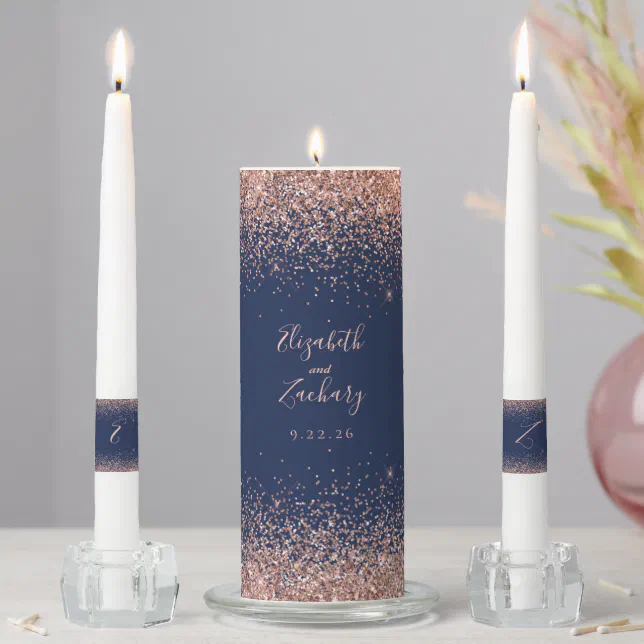 Modern Navy Blue Rose Gold Faux Glitter Edge Unity Candle Set | Zazzle