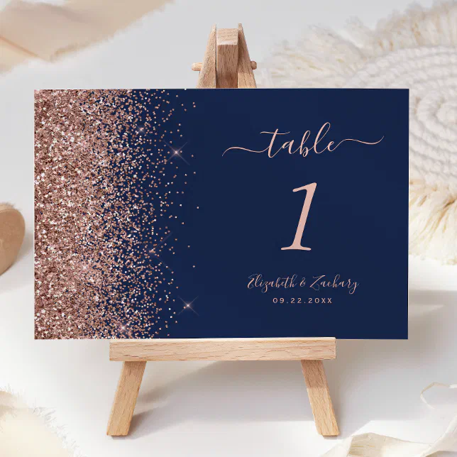 Modern Navy Blue Rose Gold Glitter Wedding Table Number | Zazzle