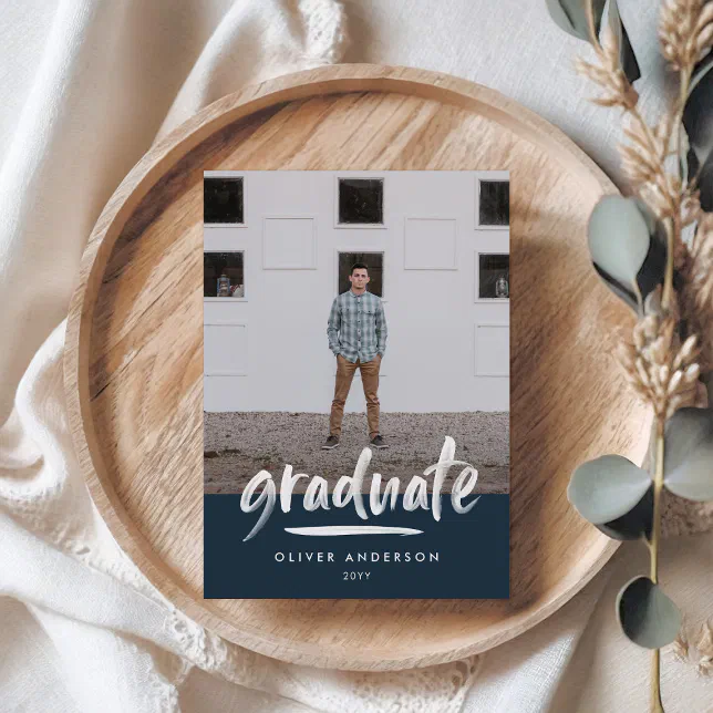 Modern navy blue script 3 photo stylish graduation invitation | Zazzle