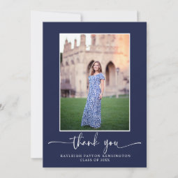 Modern Navy Blue Script Graduation Photo Thank You Card | Zazzle