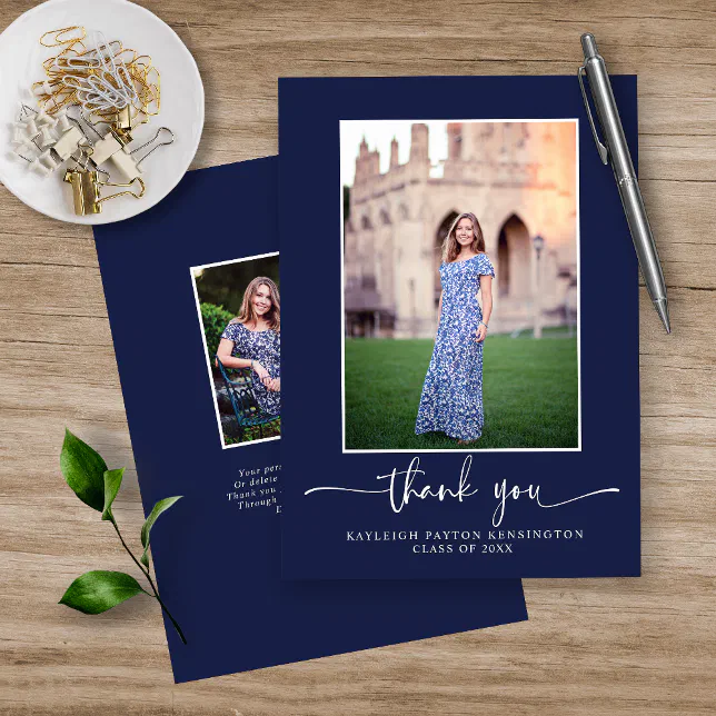 Modern Navy Blue Script Graduation Photo Thank You Card | Zazzle