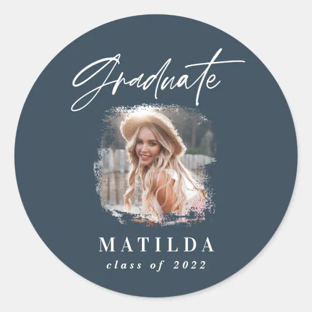 Modern navy blue script photo elegant graduation classic round sticker ...