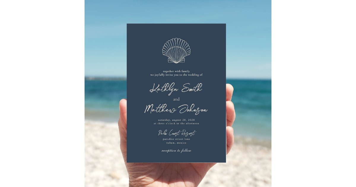 Modern Navy Blue Shell Beach Destination Wedding Invitation | Zazzle