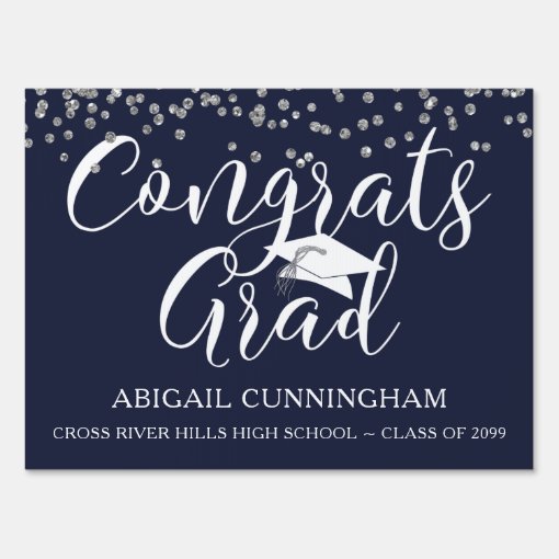 Modern Navy Blue Silver CONGRATS GRAD Script Sign | Zazzle