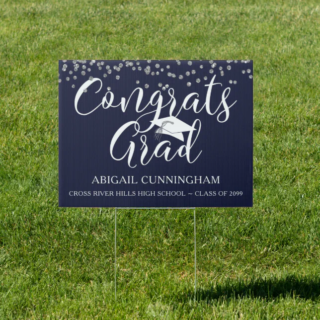 Modern Navy Blue Silver CONGRATS GRAD Script Sign | Zazzle