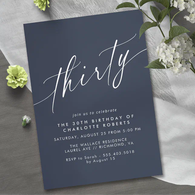 Modern Navy Blue | Simple Script 30th Birthday Invitation | Zazzle