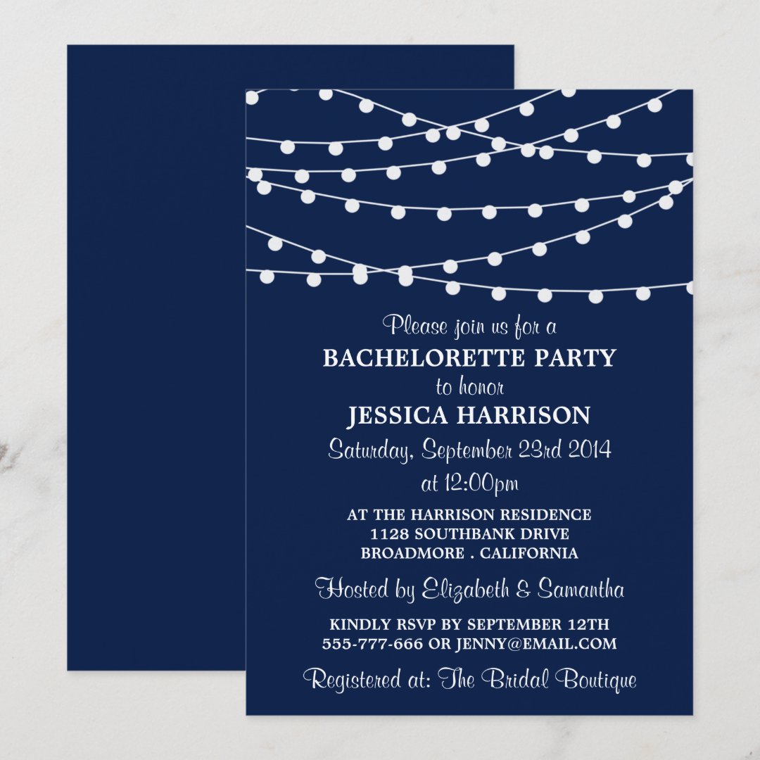 Modern Navy Blue String Lights Bachelorette Party Invitation | Zazzle