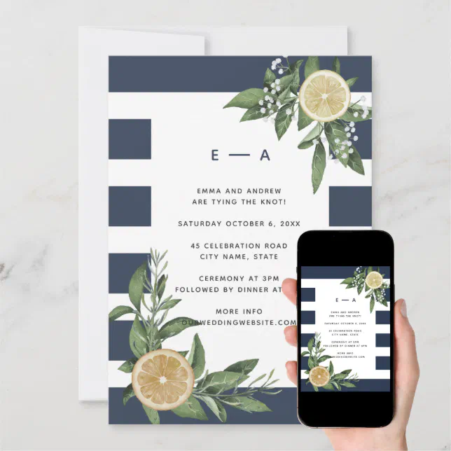 Modern Navy Blue Stripe Watercolor Lemon Invitation | Zazzle
