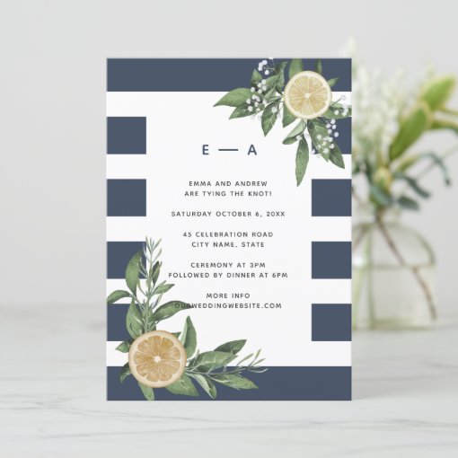 Modern Navy Blue Stripe Watercolor Lemon Invitation | Zazzle