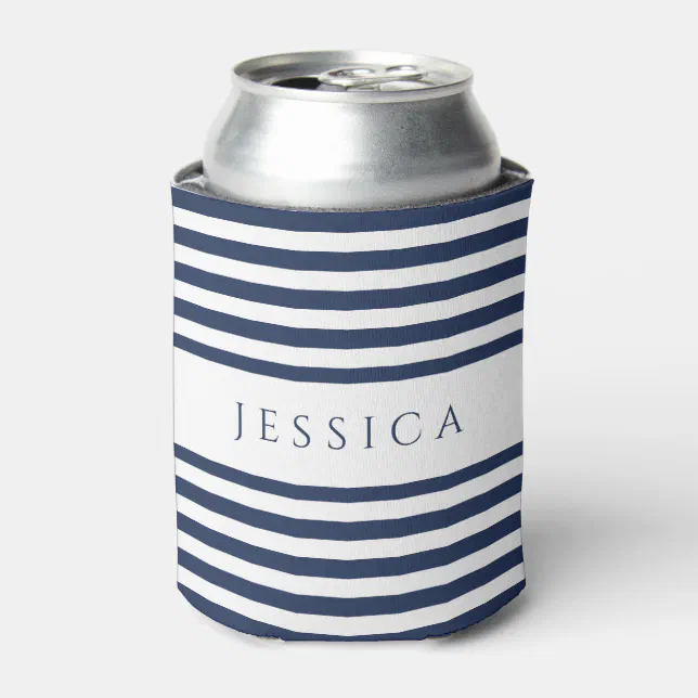 Modern Navy Blue Striped Custom Name Can Cooler | Zazzle