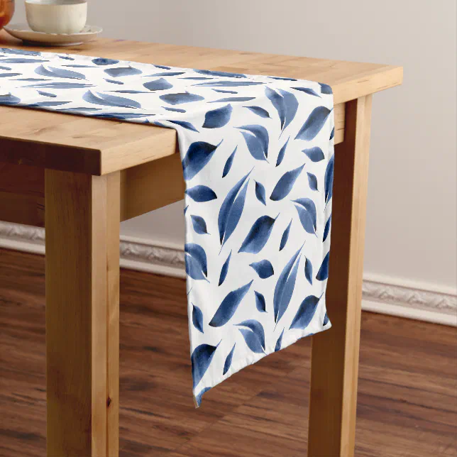 Modern Navy Blue Watercolor Leaves Pattern Short Table Runner | Zazzle
