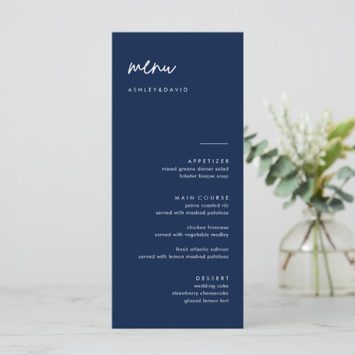 Modern Navy Blue Wedding Menu Cards | Zazzle