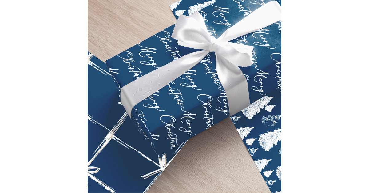 Modern Navy Blue & White Christmas Tree & Ribbon Wrapping Paper Sheets ...
