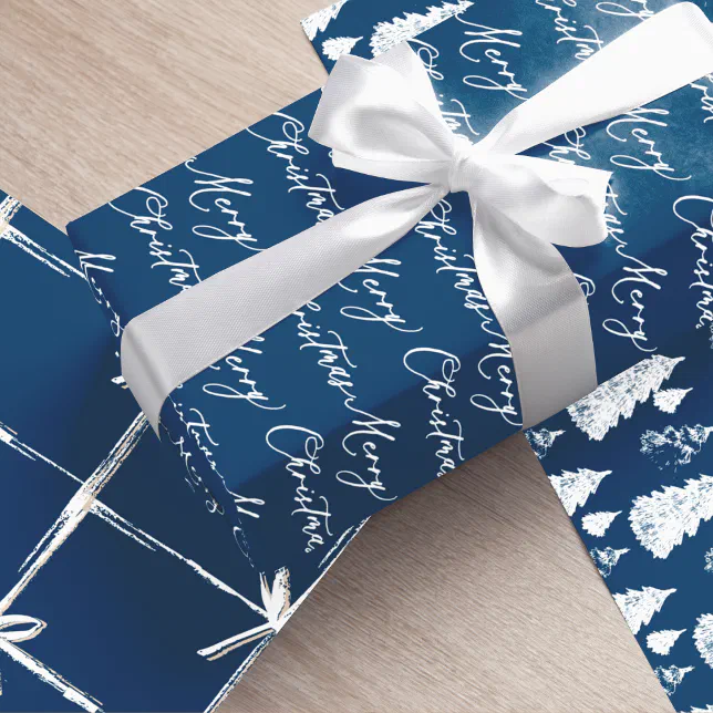 Modern Navy Blue & White Christmas Tree & Ribbon Wrapping Paper Sheets ...
