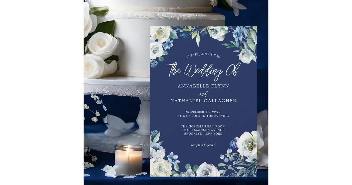 Modern Navy Blue White Floral Winter Wedding Invitation | Zazzle