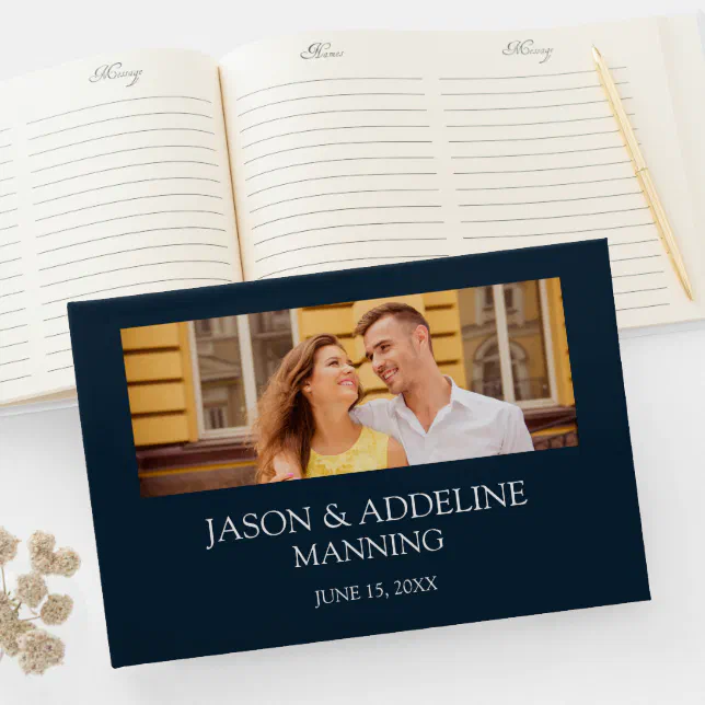 Modern Navy Blue White Two Photo Wedding Guest Book | Zazzle