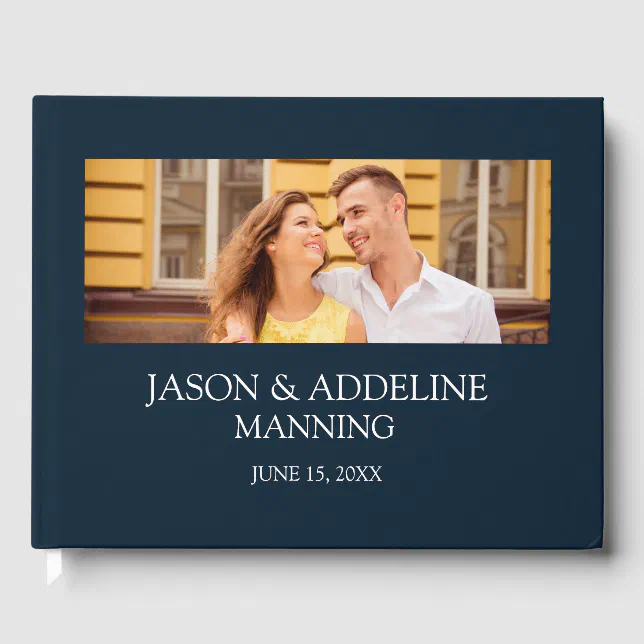 Modern Navy Blue White Two Photo Wedding Guest Book | Zazzle